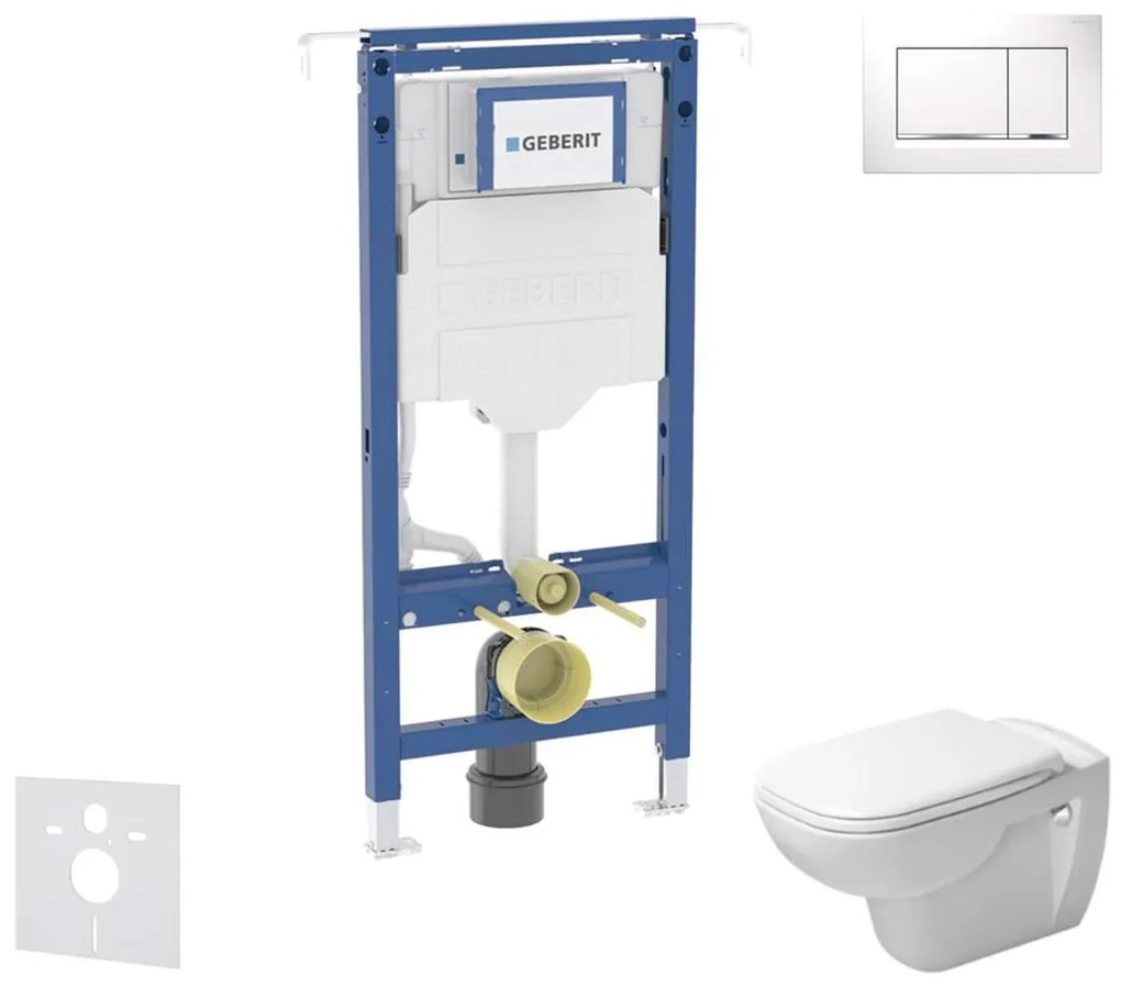 Geberit Duofix - Set předstěnové instalace, klozetu a sedátka Duravit D-Code, tlačítka Sigma20, Rimless, SoftClose, bílá/lesklý chrom SANI11CP3105