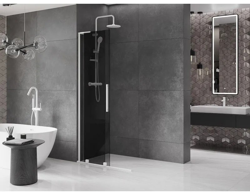Mexen Velar L, posuvná sprchová zástěna Walk-in 100 x 200 cm, 8mm šedé sklo, bílá matná, 871-100-003-43-20