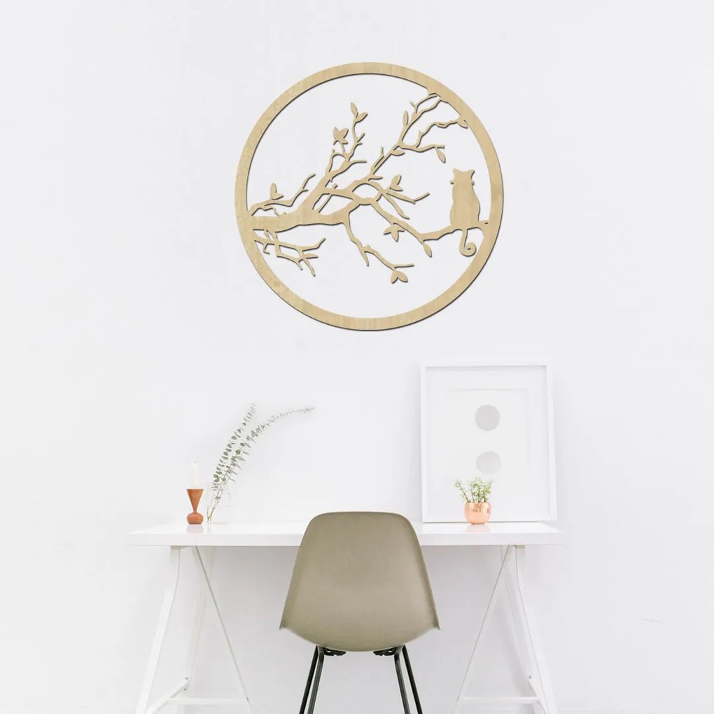 dřevo života Dřevěný obraz KOČKA NA STROMĚ Zvolte rozměr (cm): 95, Zvolte barvu dekoru: Dub zlatý