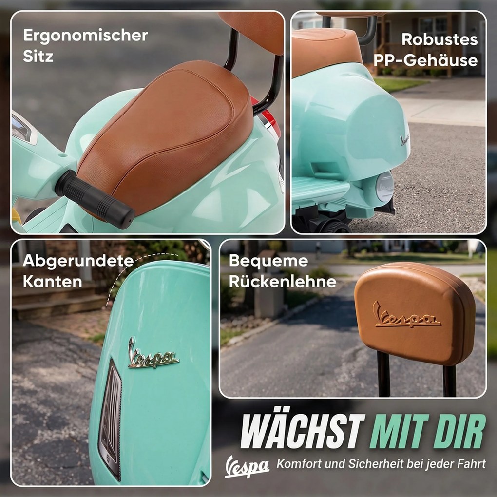 AIYAPLAY Elektro motorka pro děti Mini Vespa GTS 6V s lithiovou baterií, ergonomické sedadlo, opěrka zad, 1,5-3 roky 370-484V90GN
