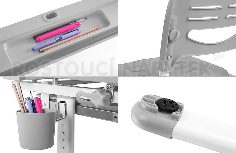 Dětský rostoucí set AMANDO bílo-šedý + LED lampa + držák knih