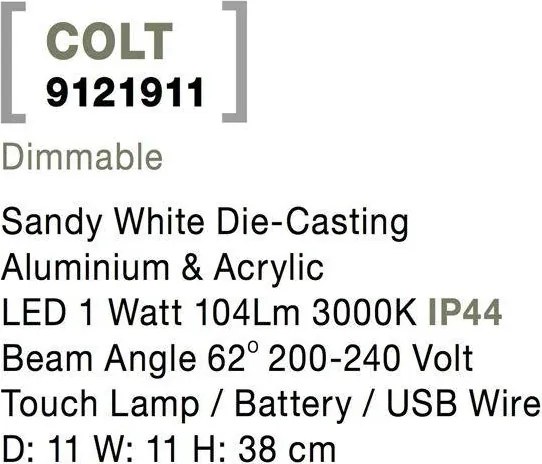 NV 9121911 Venkovní stolní lampa COLT bílý litý hliník a akryl LED 2W 3000K IP54 62st. 5V DC vypínač na těle USB kabel stmívatelné - NOVA LUCE