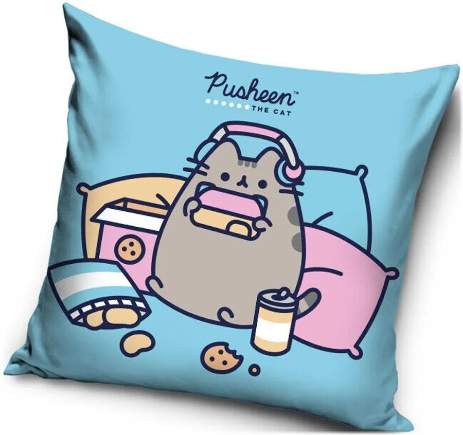 Dekorační polštář Kočička Pusheen - motiv Piknik v posteli - 40 x 40 cm