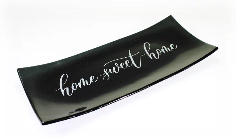 BDK-GLASS Tmavě šedá skleněná mísa HOME SWEET HOME Rozměr: 30x18cm