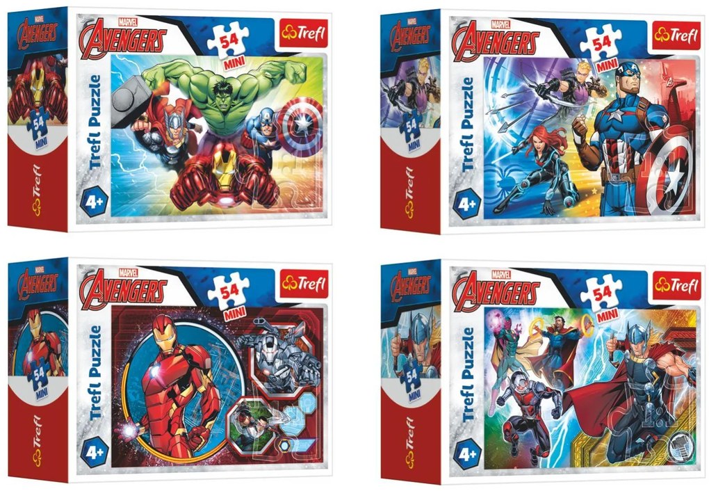 Trefl Minipuzzle 54 dílků Avengers/Hrdinové 4 druhy v krabičce 9x6,5x4cm 40ks v boxu