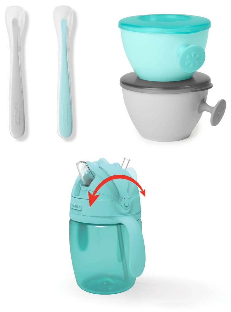 SKIP HOP Set jídelní s hrníčkem 5 ks Easy-Feed Mealtime Set Teal/Grey 6m+