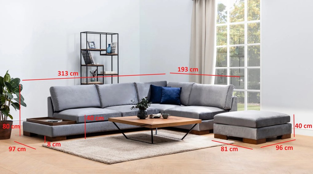 Hanah Home Rohová pohovka TULIP tmavě šedá pravý roh s pufem 560ARE1162