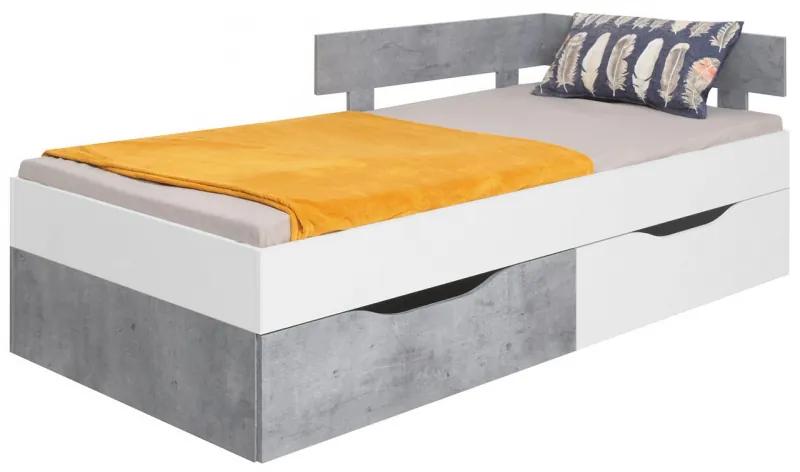 Postel s úložným prostorem Pardwa PR15 / PR16 L / P, Rozměr postele: 120x200, Barva: beton / bílý + dub