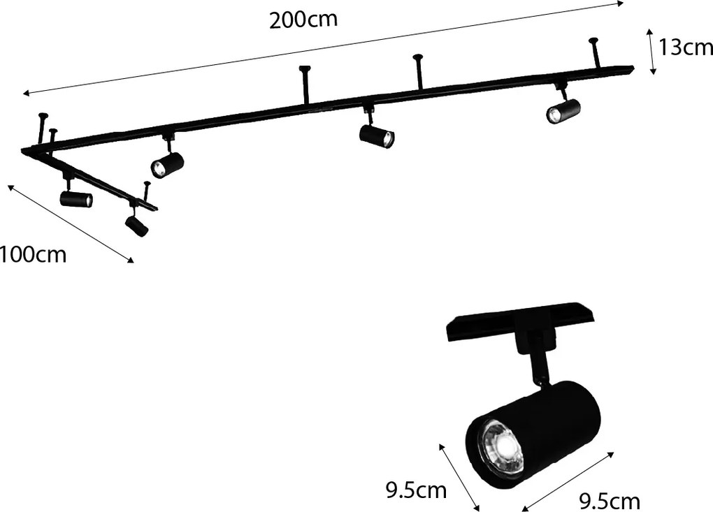 Moderní závěsný kolejnicový systém s 5 černými bodovými světly jednofázový - Iconic Jeana
