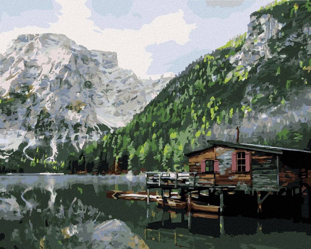 Diamantové malování diamondi - diamantové malování - jezero s chatou a loděmi itálie ii, 40x50 cm, vypnuté plátno na rám