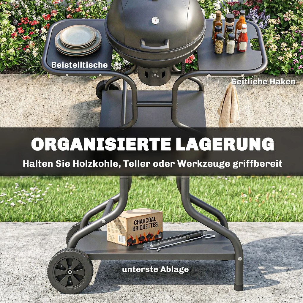 Outsunny Gril na dřevěné uhlí BBQ Udírna s postranními stolky Víko Teploměr Kolečka 129 x 63,5 x 106,5 cm