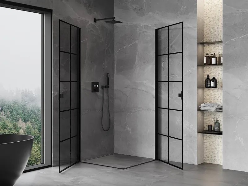 Mexen Mist-B Duo, 2-křídlý výklopný sprchový kout 100 x 100 cm, čiré sklo-černá mřížka, 8A2-100L-100P-70-77