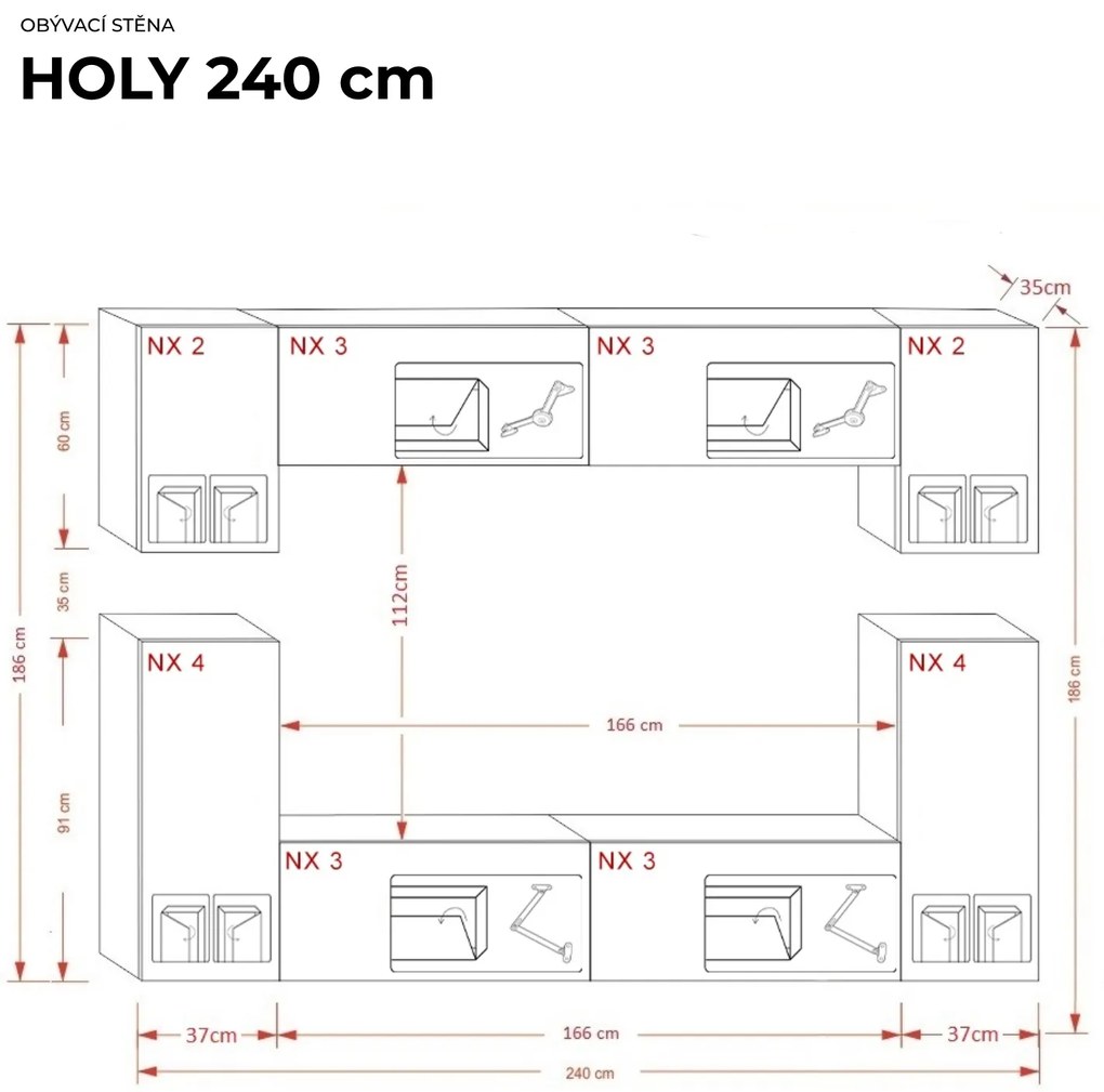 Ral Obývací stěna HOLY 2, 240 cm - Bílý lesk