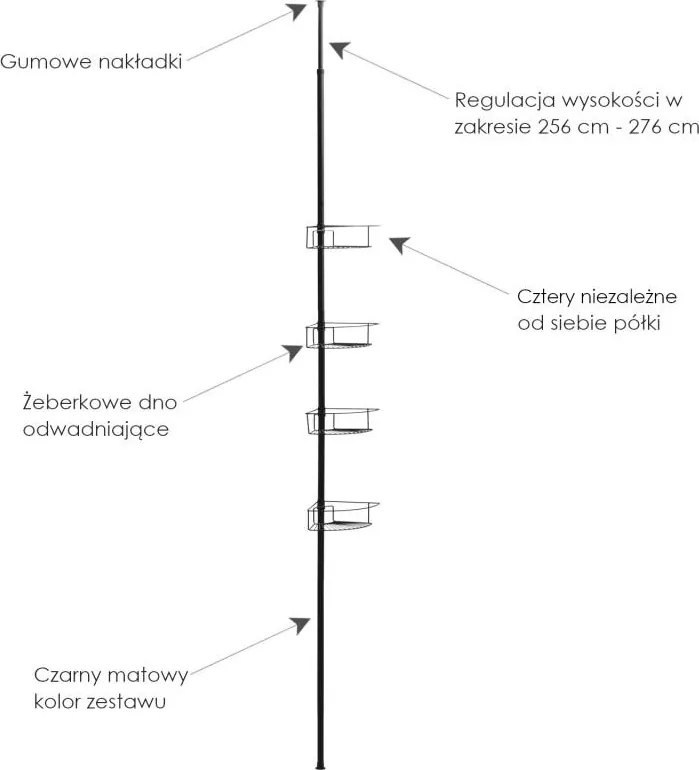 Erga Scopic, rohová teleskopická sprchová tyč 4 policová XL, černá matná, ERG-YKA-CH.SCOPIC-XL-BLK