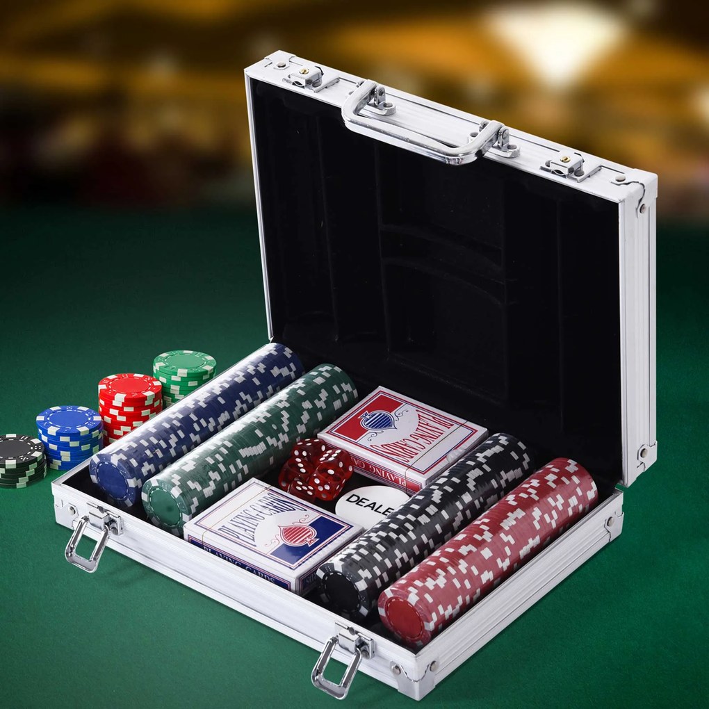Pokerový kufřík HOMCOM s 200 žetony, 2 balíčky karet a 5 kostkami v hliníkovém kufříku, 29,5x20,5x6,5 cm, ideální pro herní večery