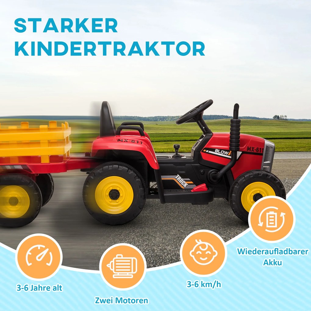 HOMCOM Elektrický tahač Dětské elektrické auto s přívěsem, dálkové ovládání, MP3, světlomety, 3-6KM/H, červené