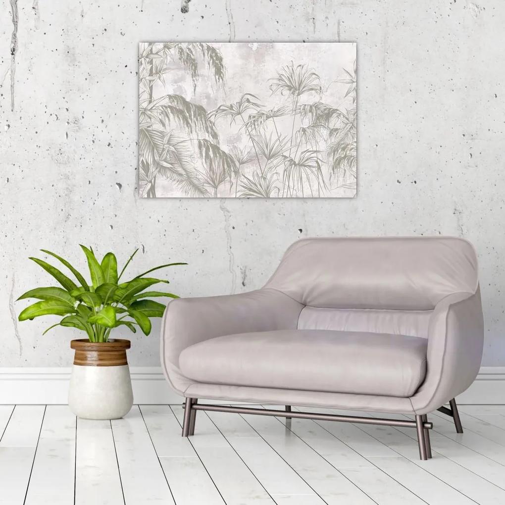Skleněný obraz - Tropické rostliny na zdi v šedé (70x50 cm)