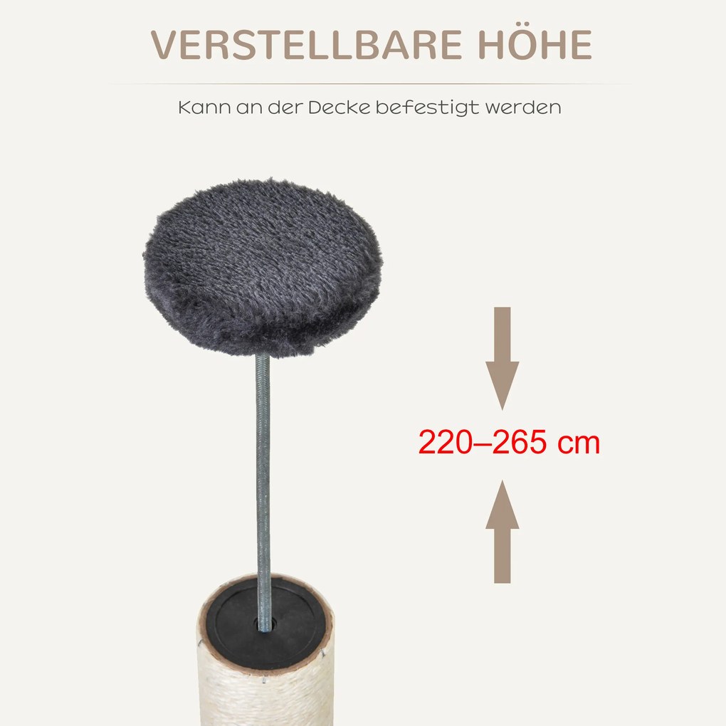 Strom pro kočky PawHut s nastavitelnou výškou H220-265 cm, nosnost do 30 kg, strom pro kočky s bidýlky, hracím míčem a postranním pelíškem, tmavě šedý