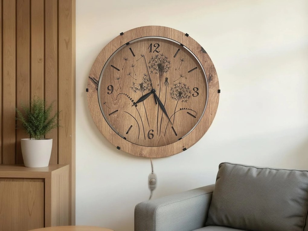 Li-Go "Pampeliška" světelné hodiny 230V/12V/dub světlý velikost svítidla/hodin: 31 cm