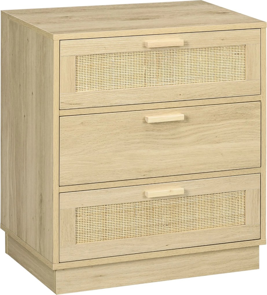 HOMCOM Noční stolek s 3 zásuvkami z ratanového pletiva, dřevěný komoda pro ložnici, obývací pokoj, bohémský styl 60x38x69 cm | Aosom