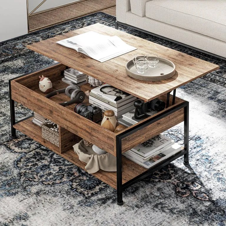 HOMCOM Konferenční stolek s výklopným víkem - Dolní police, úložný box - rozměr 100L x 80W x 60H cm - rustikální černý dřevěný vzhled