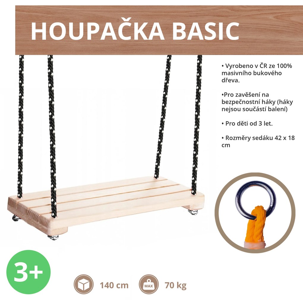 Dřevěná dětská houpačka BASIC Přírodní ø 42x18 Buk masiv