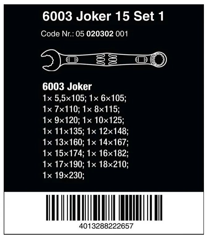 Wera 020302 Očkoploché klíče 5,5 ÷ 19 mm 6003 Joker 15 Set 1 (Sada 15 dílů)
