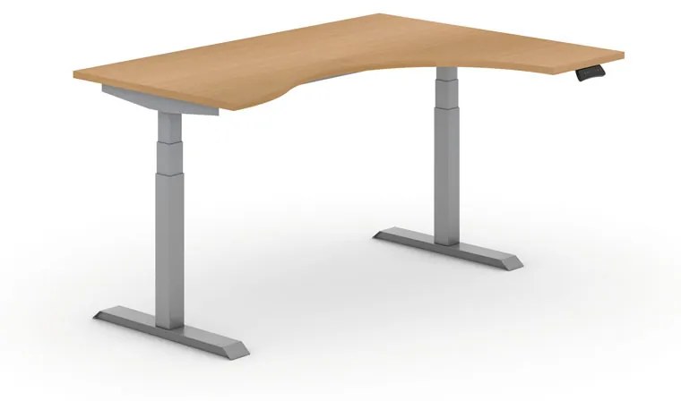 Výškově nastavitelný stůl PRIMO ADAPT, elektrický, 1600x1200x625-1275 mm, ergonomický pravý, buk, šedá podnož