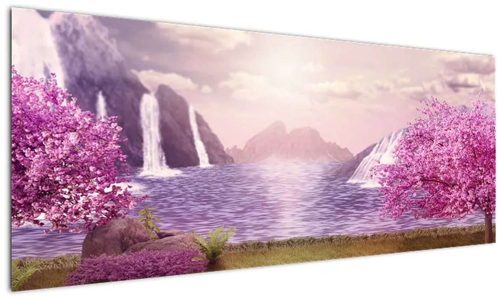 Obraz růžových stromů s jezerem (145x58 cm), 40 dalších rozměrů