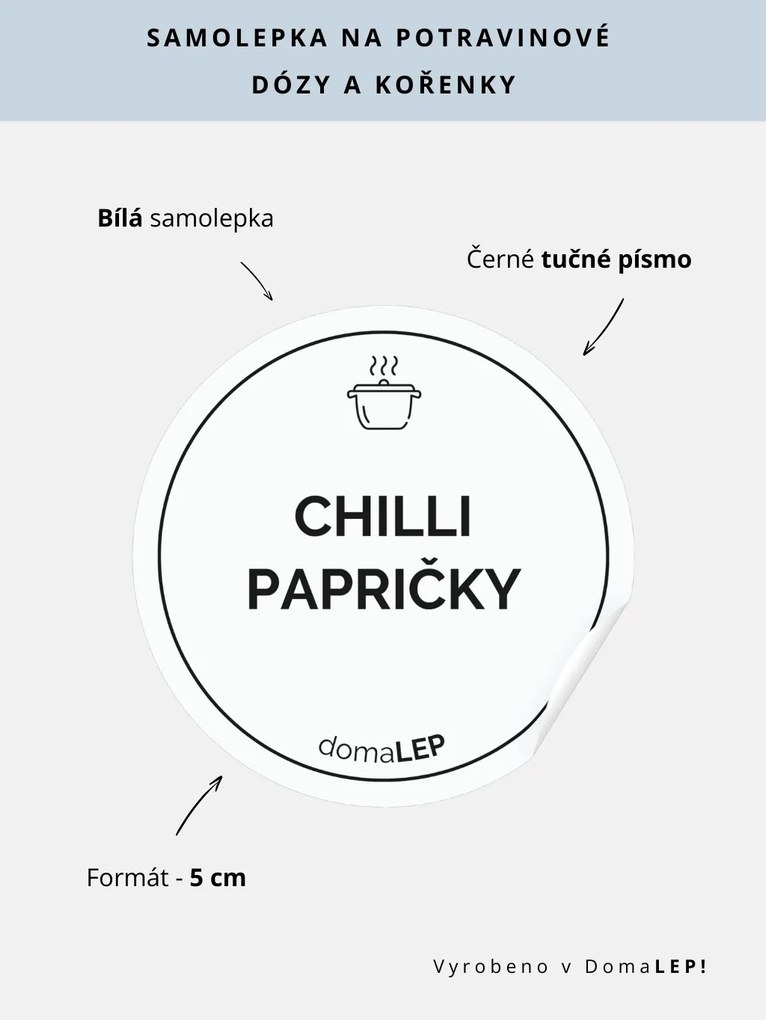 Samolepka na kořenky CHILLI PAPRIČKY bílá 5 cm tučné písmo