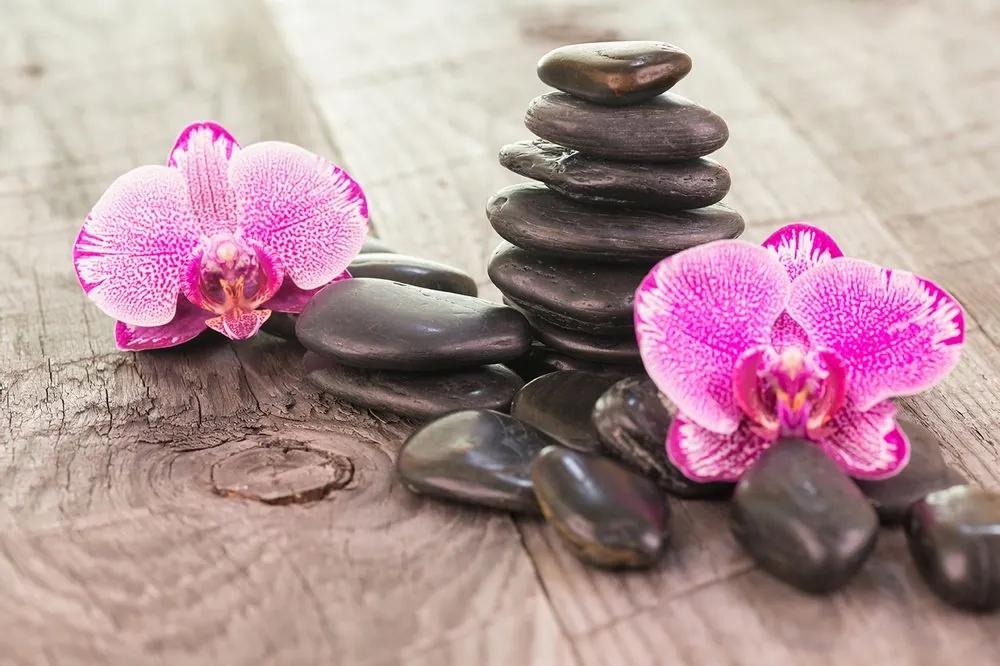 Samolepící fototapeta orchidej a Zen kameny na dřevě - 450x300 cm