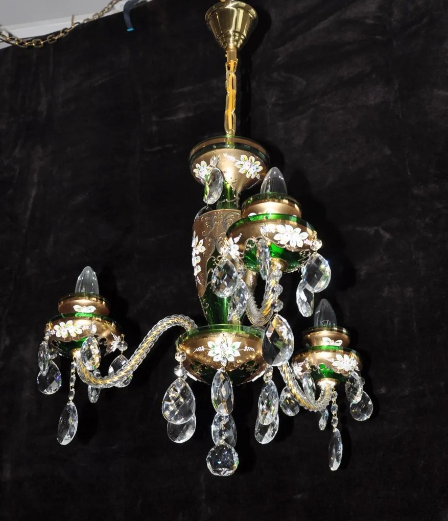 Small 3 Arms Emerald Green enamelled crystal chandelier with glass flowers