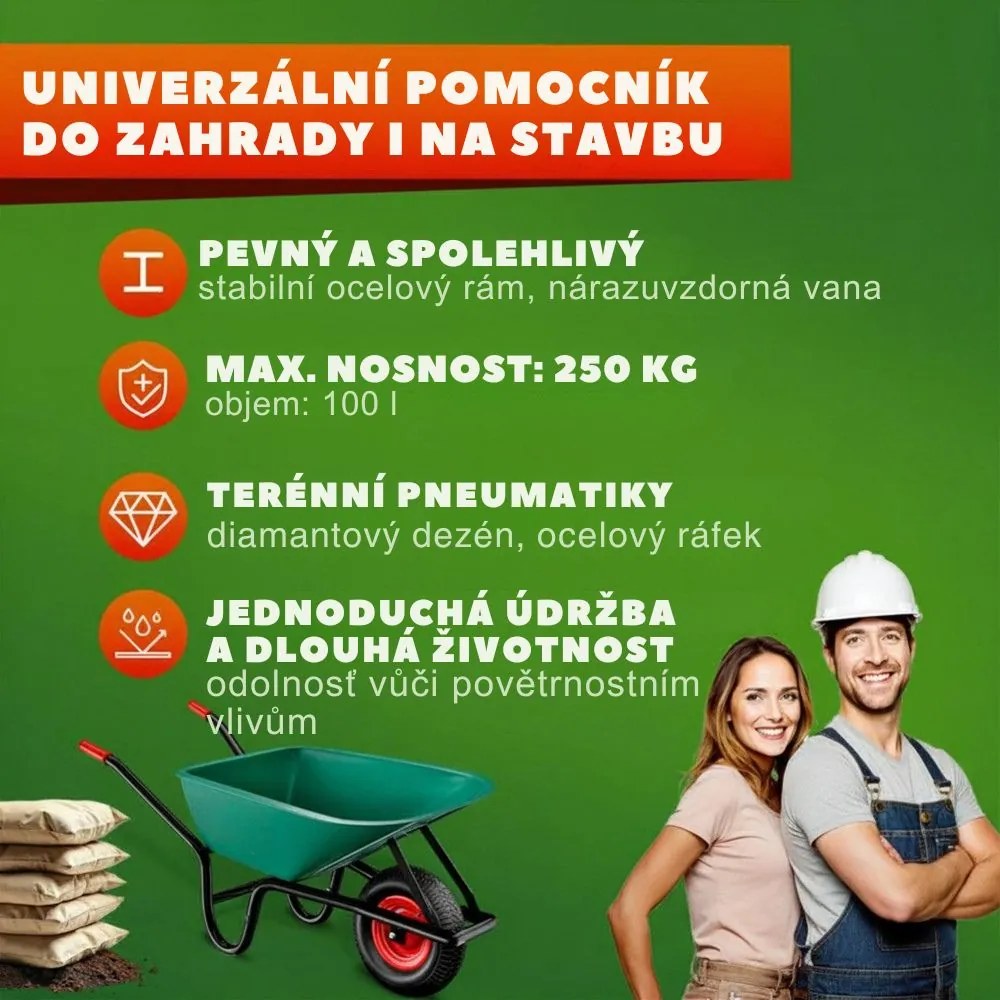 Kolečko GREG s plastovou korbou, max. 100l/250kg, zelená/černá Gardebruk
