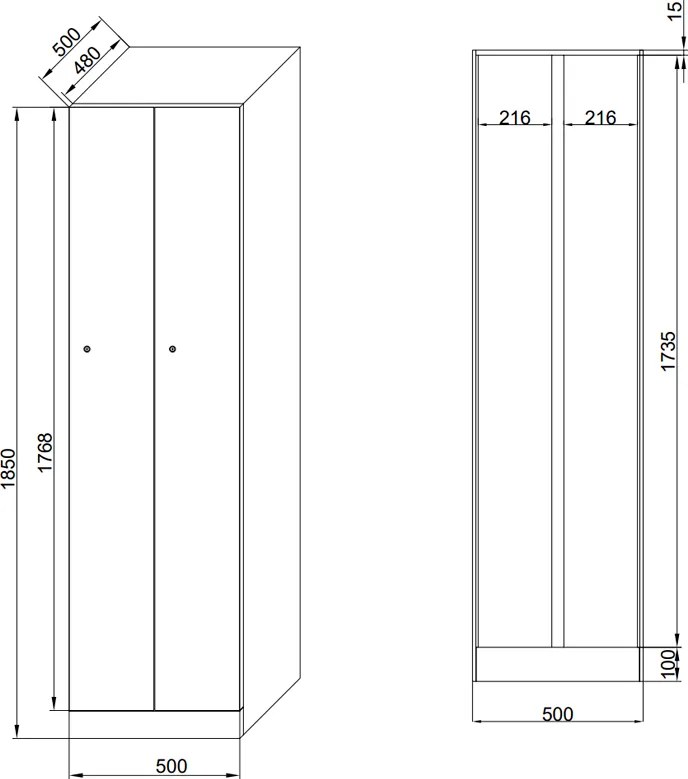 Zúžená kovová šatní skříňka S1, 2 oddíly, 1850 x 500 x 500 mm, RFID zámek, béžové dveře