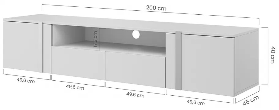 Závěsný TV stolek Verica 200 cm s výklenkem - charcoal / zlaté úchytky