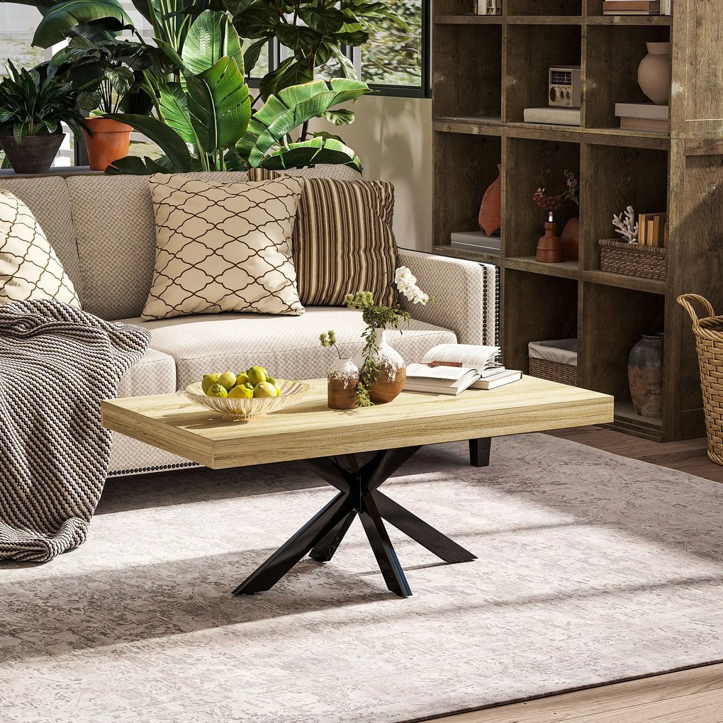 HOMCOM Obdélníkový konferenční stolek v industriálním stylu - černý kov a vzhled přírodního dřeva - 110 x 60 x 45 cm