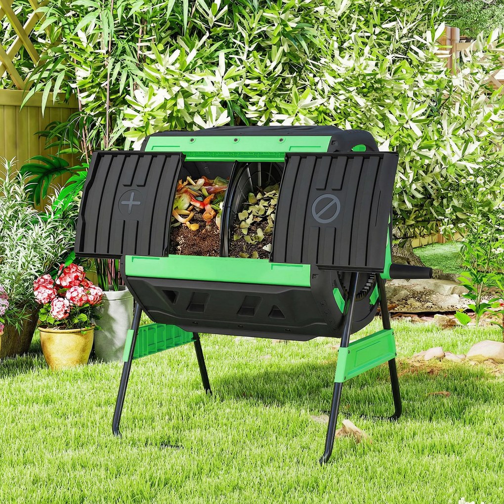 Outsunny 200 l kompostér s otočným bubnem, 94 × 67 × 98 cm – rychlý kompostér s větracími otvory a posuvnými dvířky, odolný plast