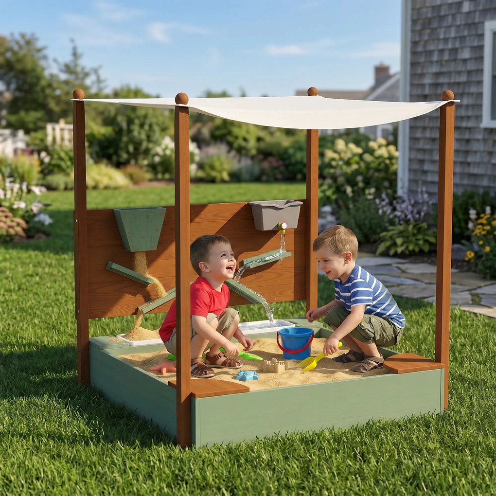 AIYAPLAY Pískoviště s Krytem 116 x 112,5 cm z Impregnovaného Masivního Dřeva s Lavicemi, Pokrytí, Pískové Hračky, Pískoviště na Terasu, Balkon, Zahra…