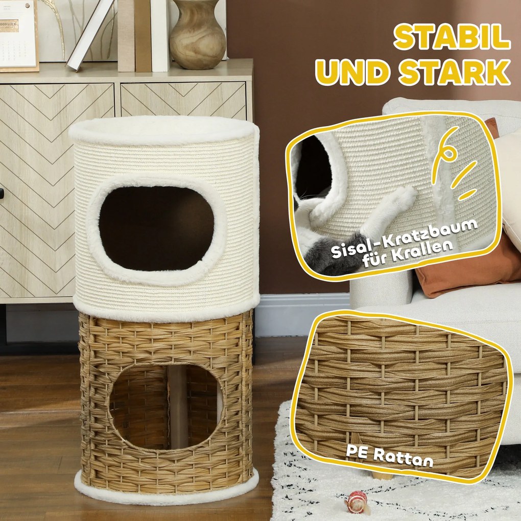 PawHut Škrabací Barevný Válec 80 cm Vysoký Ø 40 cm Třípatrový Kočičí Válec s Plyšovým Okrajem, Kočičí Doupě, Škrabací Sloupek pro Kočky Střední Velik…