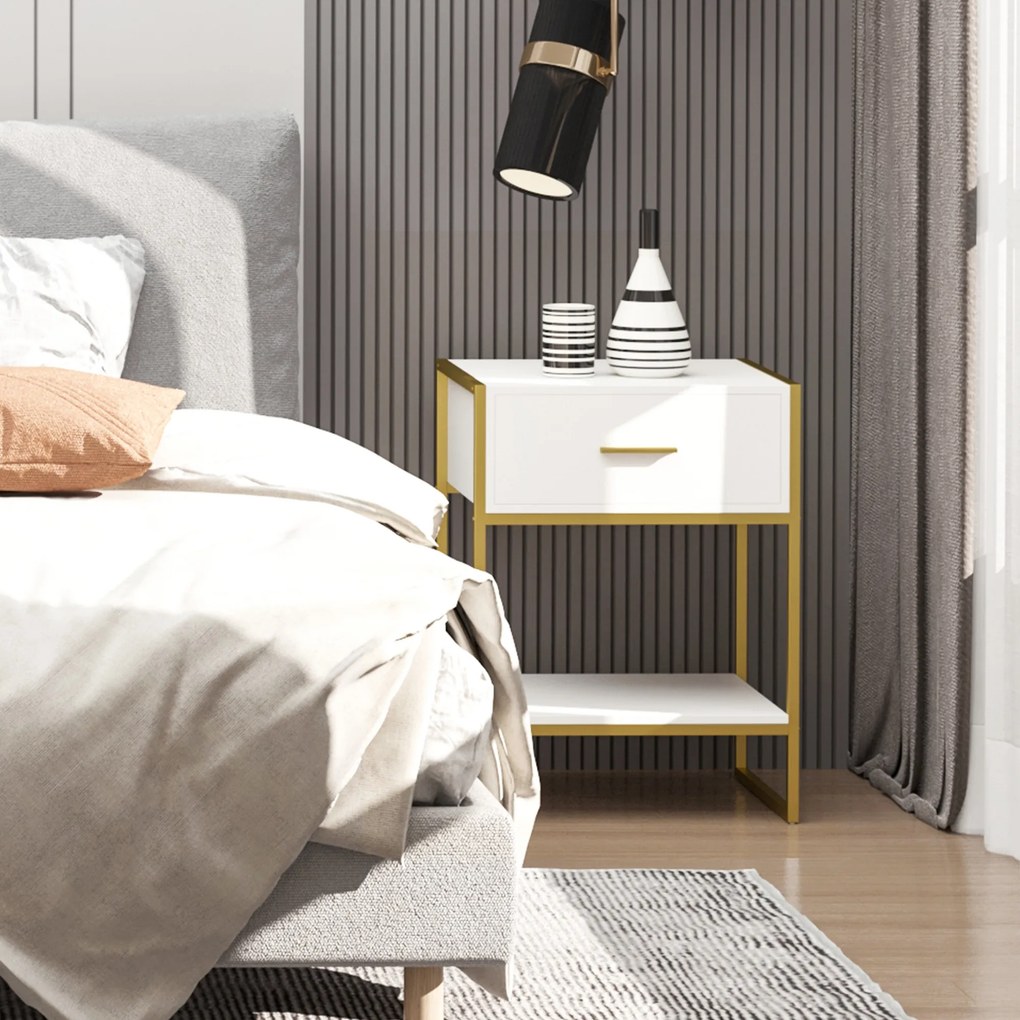 HOMCOM Sada 2 Moderních Nočních Stolků, 2 Noční Stolky do Ložnice a Obývacího Pokoj, s Šuplíkem a Otevřenou Policí, Moderní Design, MDF a Ocel, 45x40…