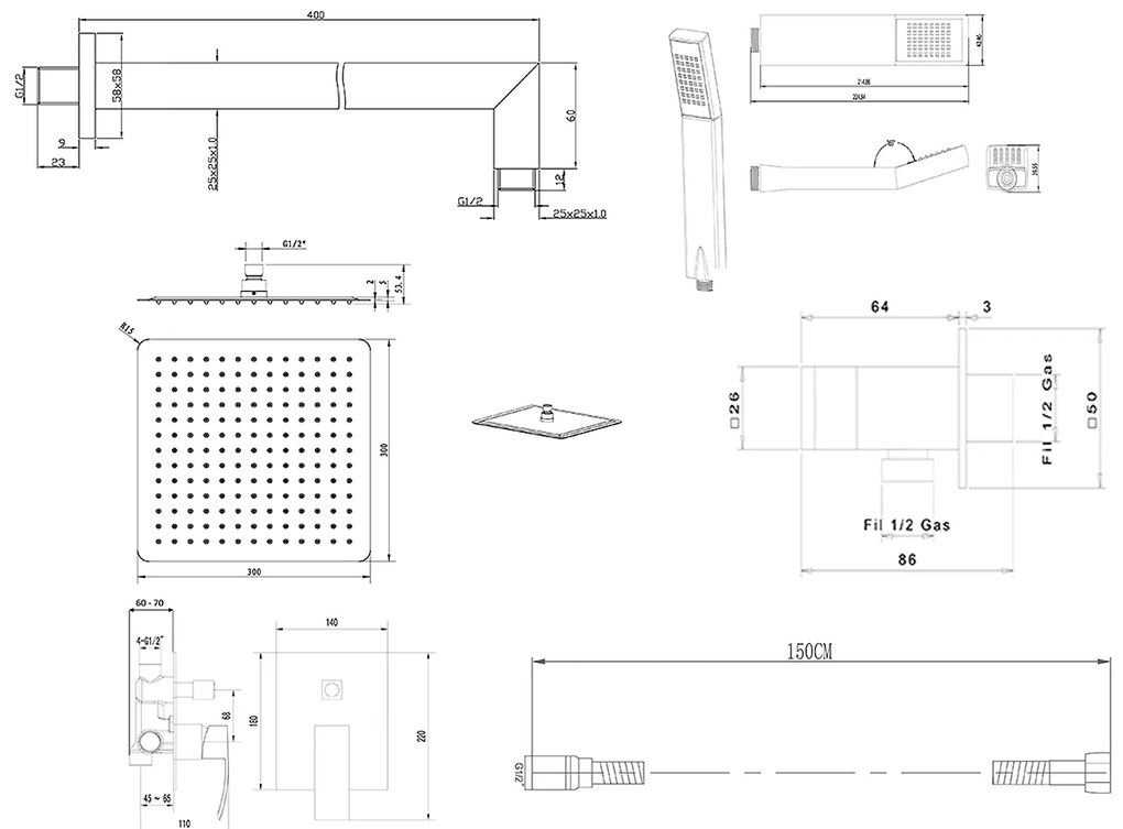 Sapho Sapho, GINKO podomítkový sprchový set s pákovou baterií, 2 výstupy, chrom, 1101-42-21