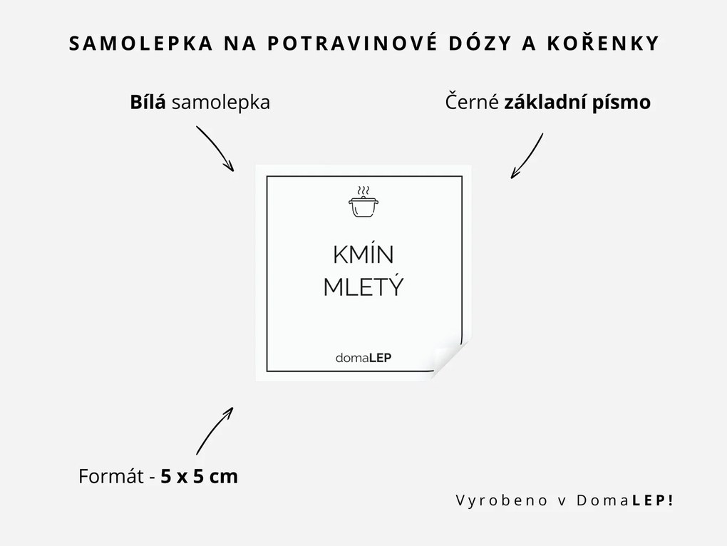 KMÍN MLETÝ - omyvatelná samolepka na kořenky, výběr rozměrů Ø 5 cm / 5 x 5 cm / 6 x 8 cm | DomaLEP tvar: KOLEČKO, barva: BÍLÁ - ČERNÉ písmo, velikost: Ø 5 cm - základní písmo