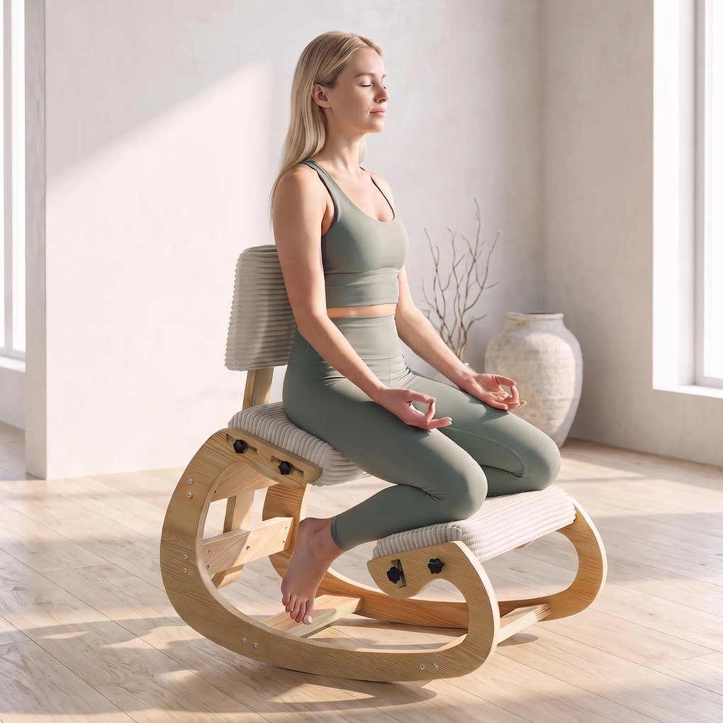 HOMCOM Ergonomická kolenní židle, kolenní stolička se záhlavím, vzhled manšestru, kancelářská židle do domácnosti, kanceláře, meditace, krémově bílá