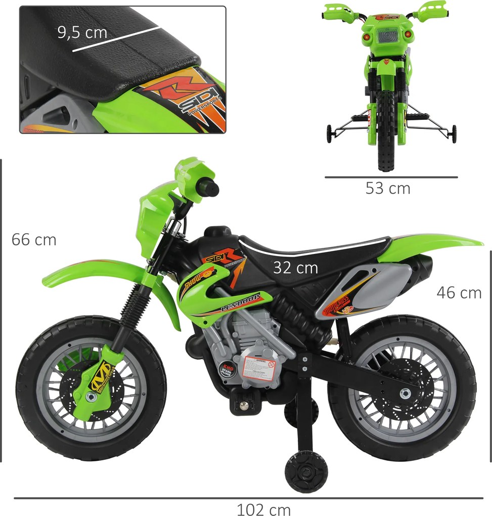 HOMCOM Dětská elektrická motorka, krosová motorka pro děti s 6V akumulátorem, světlomety, hudba a pomocná kolečka, 3 až 6 let, nosnost 25KG, zelená a…