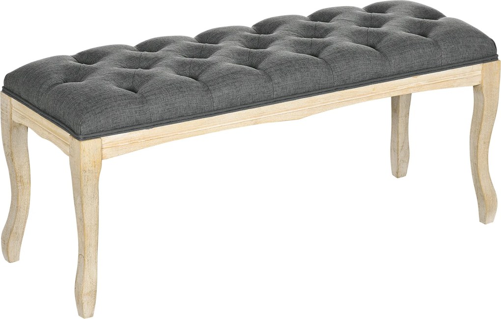 HOMCOM Čalouněná lavice s knoflíky v klasickém chic stylu 110 cm na konec postele, čalouněná lnu, nohy z kaučukového dřeva šedá