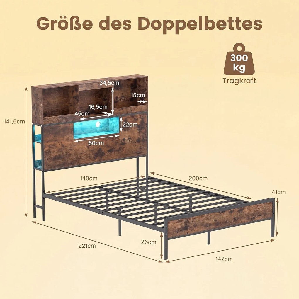 Costway Kovová postel 140 × 220 cm s LED a nabíjením, hnědá