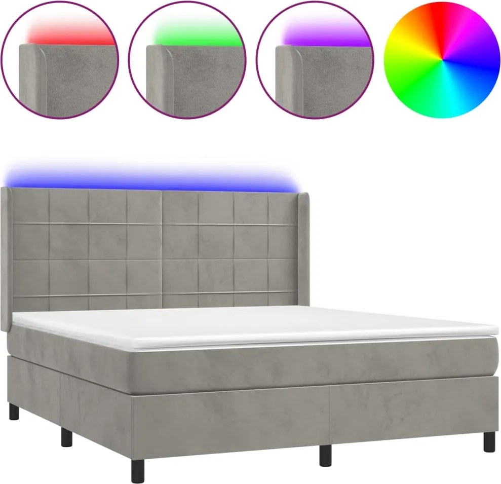 Box spring postel s matrací a LED světle šedá 160x200 cm samet 3139571