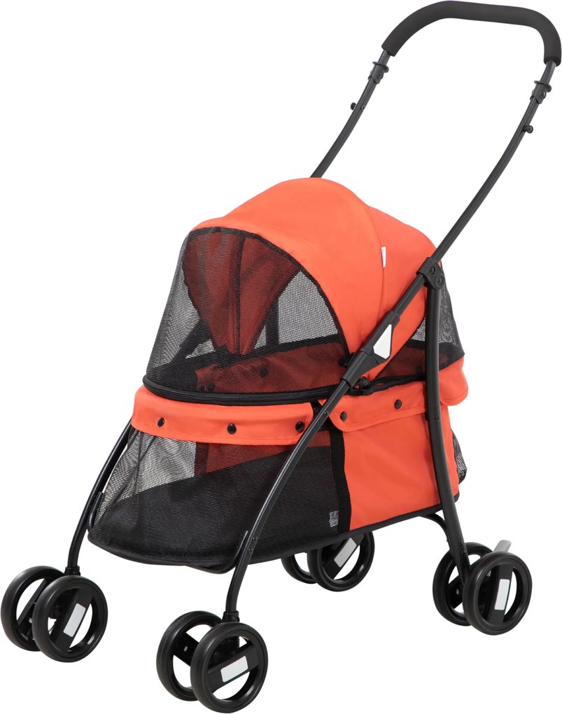 Skládací kočárek pro psy PawHut pro malé psy s síťovými okny, pratelný polštář, bezpečnostní popruhy, ocelový rám, nosnost 15 kg, červený | Aosom