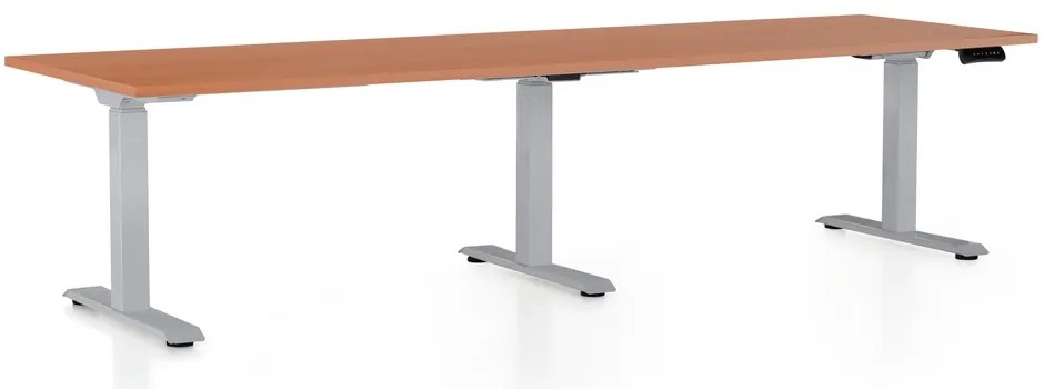 Výškově nastavitelný stůl OfficeTech Long, 260 x 80 cm, šedá podnož, třešeň
