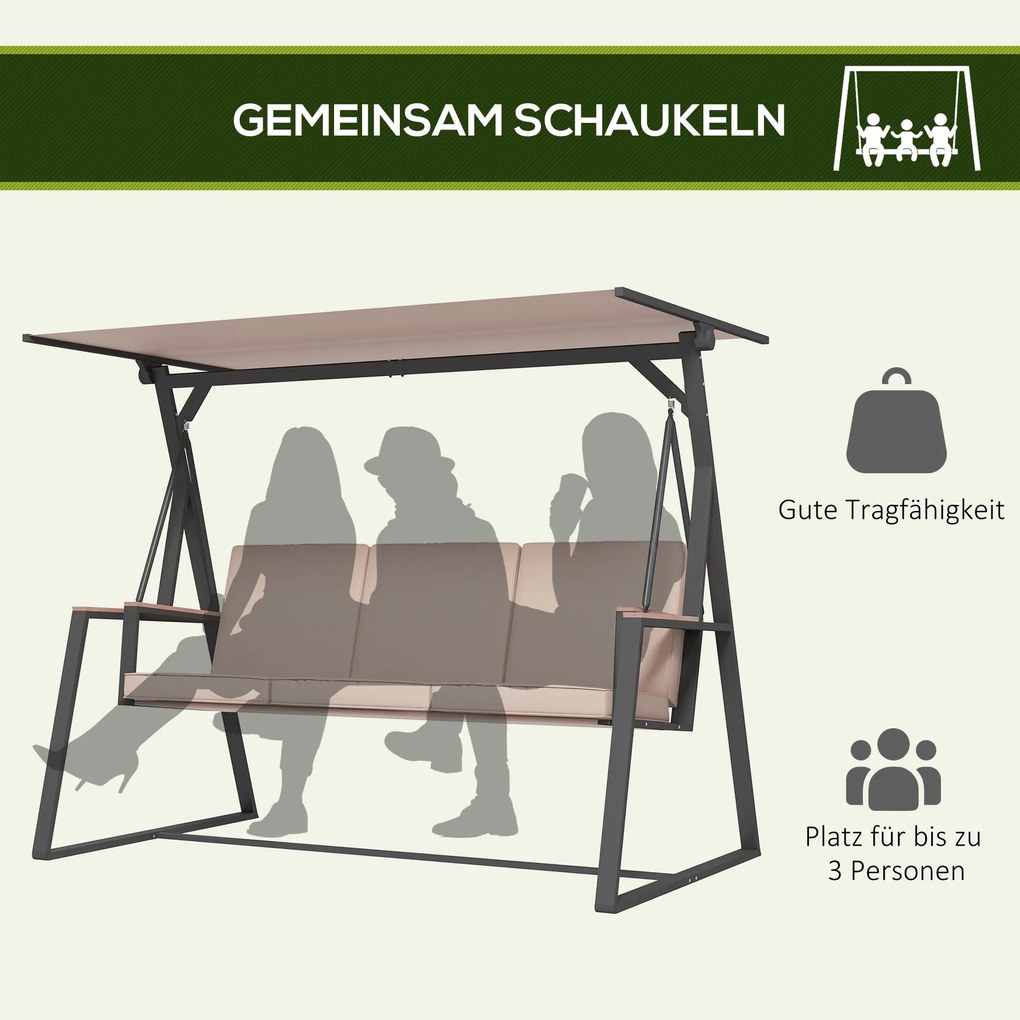 Hollywoodschaukel, 3-Sitzer Gartenschaukel, mit erstellbarem Sonnendach, wetterfest, Khaki